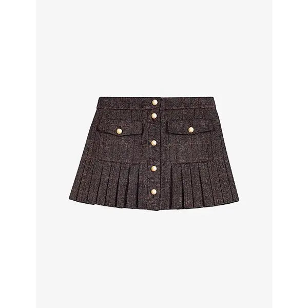 Maje Checked Pleated Wool-blend Mini Skirt