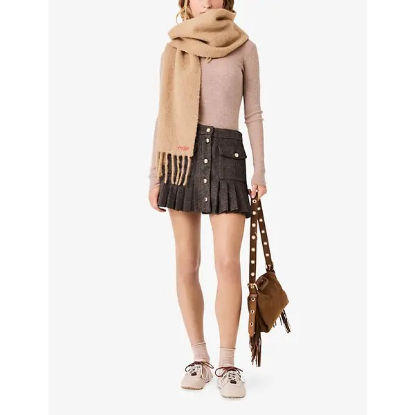 Maje Checked Pleated Wool-blend Mini Skirt