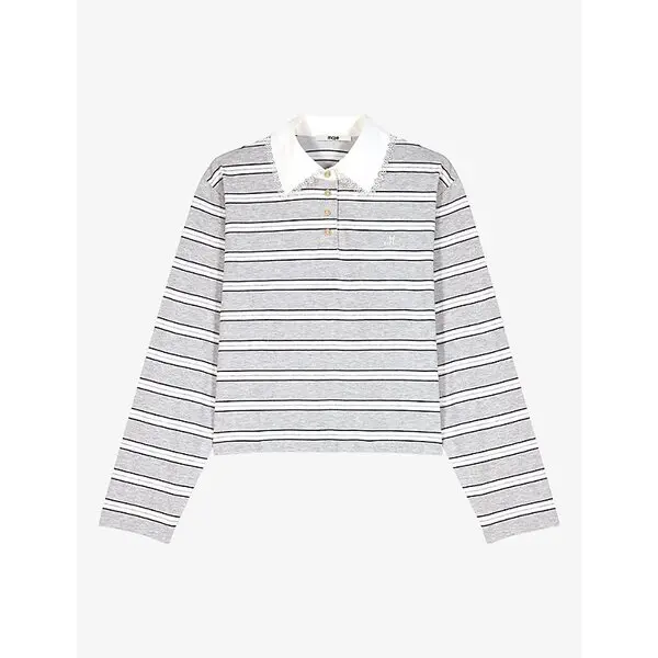 Maje Lace-trim Striped Cotton-blend Polo Shirt - Light Grey
