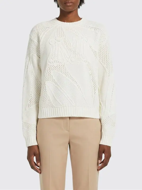 Max Mara Openwork Cotton Crew-neck Jumper With Embroidered Monogram