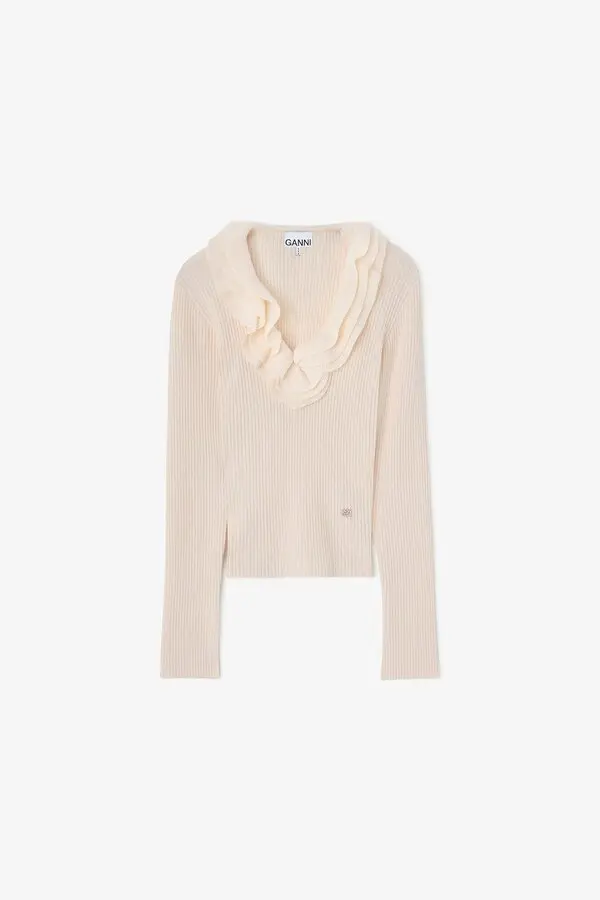 GANNI Ribbed Merino Wool Frill Top