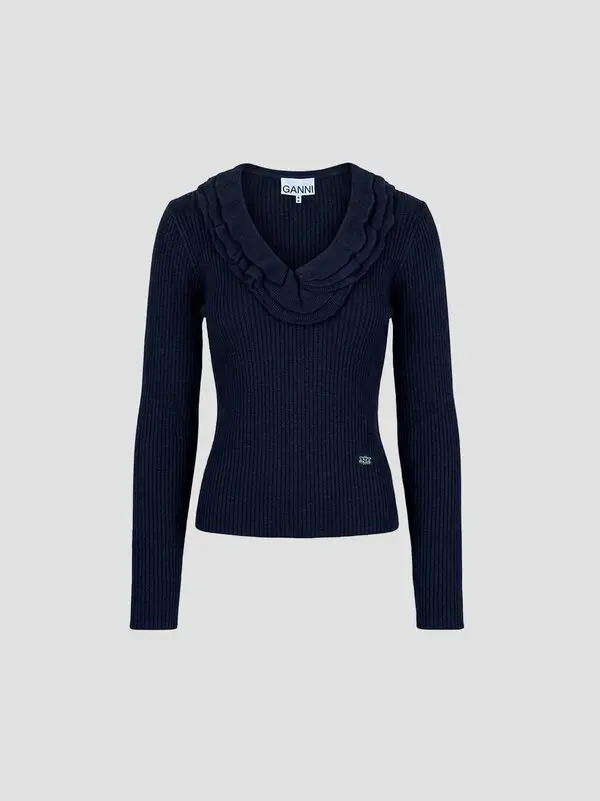 GANNI Ribbed Merino Wool Frill Top - Phantom