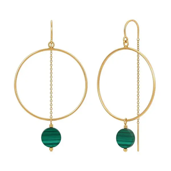 HEATHER HAWKINS Coin Gemstone Hoop Threader Earrings Malachite Gold-filled - Green