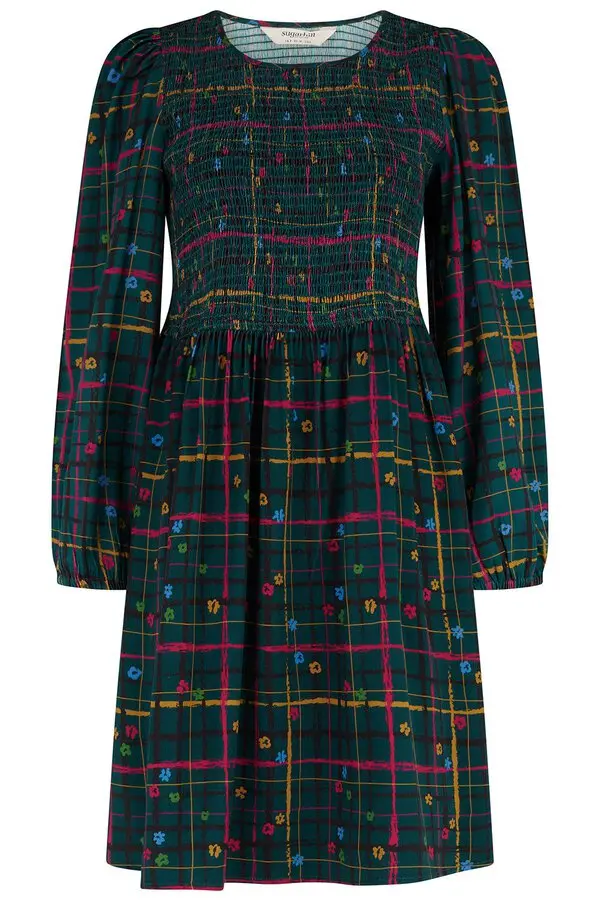 SUGARHILL BRIGHTON Lucy Shirred Short Dress Teal Check
