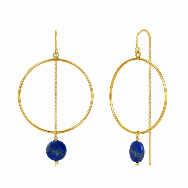 HEATHER HAWKINS Coin Gemstone Hoop Threader Earrings Lapis Lazuli Gold-filled - Blue