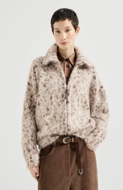 Brunello Cucinelli Lynx Jacquard Cardigan In Mohair And Wool With Shiny Zipper Pull - Buff