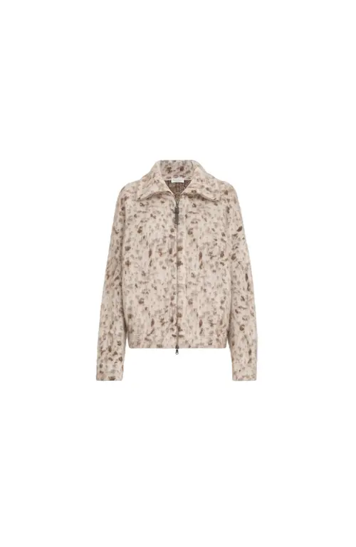 Brunello Cucinelli Lynx Jacquard Cardigan In Mohair And Wool With Shiny Zipper Pull - Buff