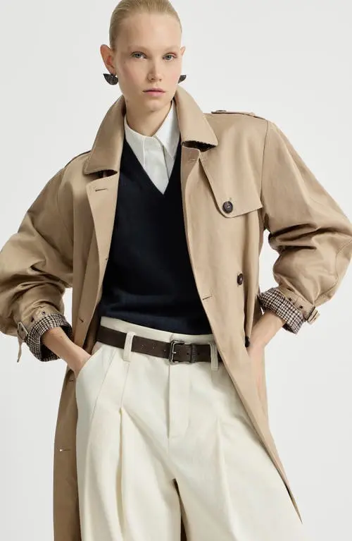 Brunello Cucinelli Cotton And Linen Twill Trench With Monili