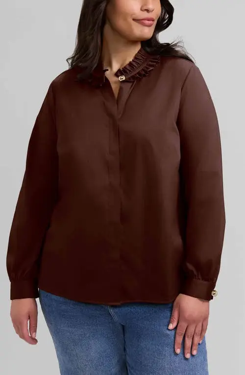 Foxcroft Colette Ruffle Long Sleeve Matte Sateen Shirt - Chocolate Brown