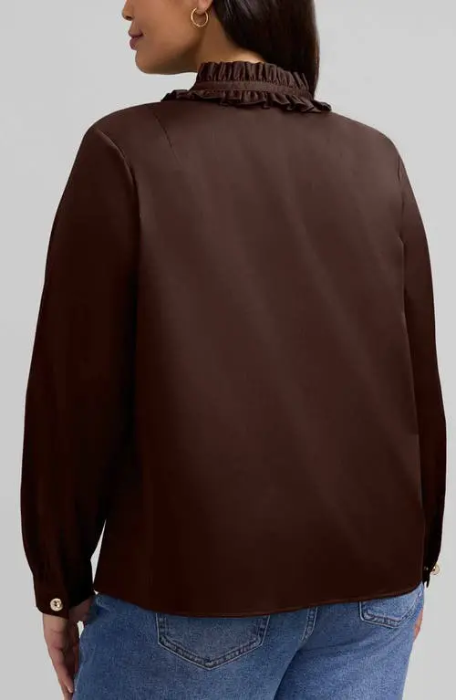 Foxcroft Colette Ruffle Long Sleeve Matte Sateen Shirt - Chocolate Brown