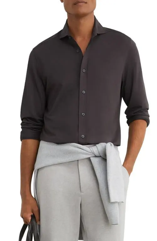 REISS Monaco Slim Fit Stretch Jersey Shirt - Dark Brown