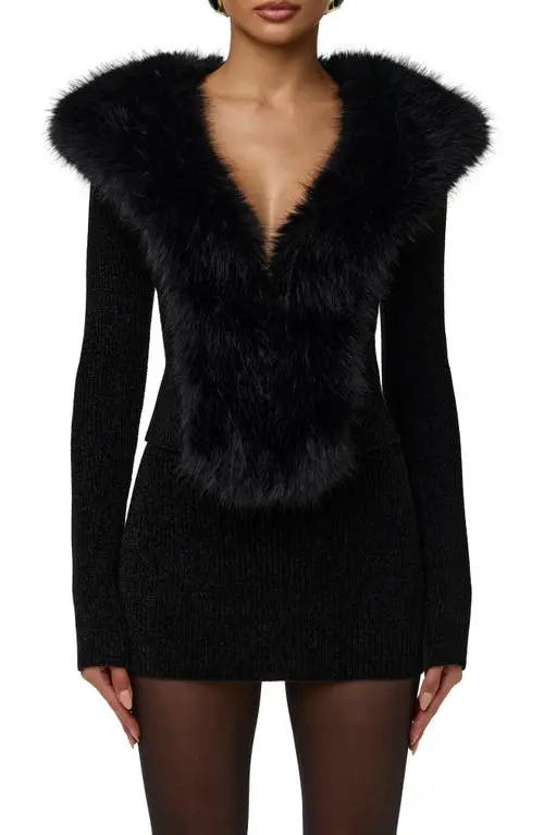 Naked Wardrobe Faux Fur Collar Cardigan - Black