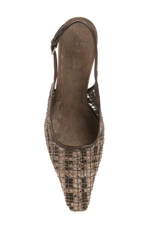 Brunello Cucinelli Monili Check Beaded Mesh Slingback Sandal