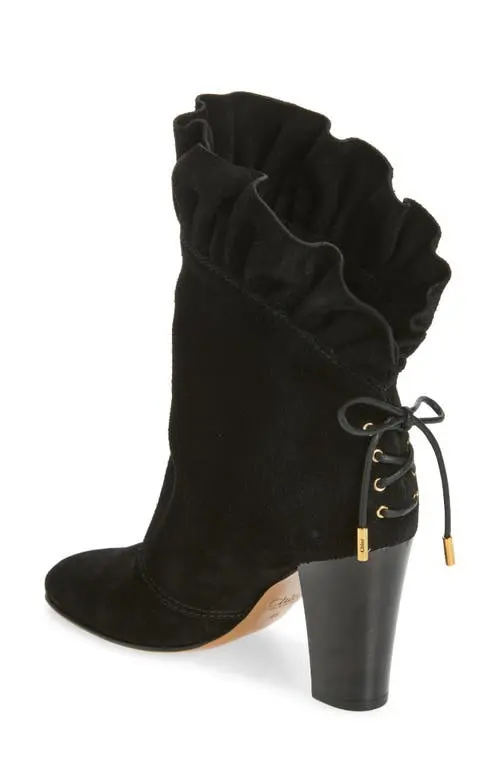 Chloé Anouk Ruffled Suede Ankle Boot - Black