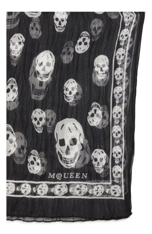 Alexander McQueen Skull Print Pleated Silk Scarf - Black/ivory
