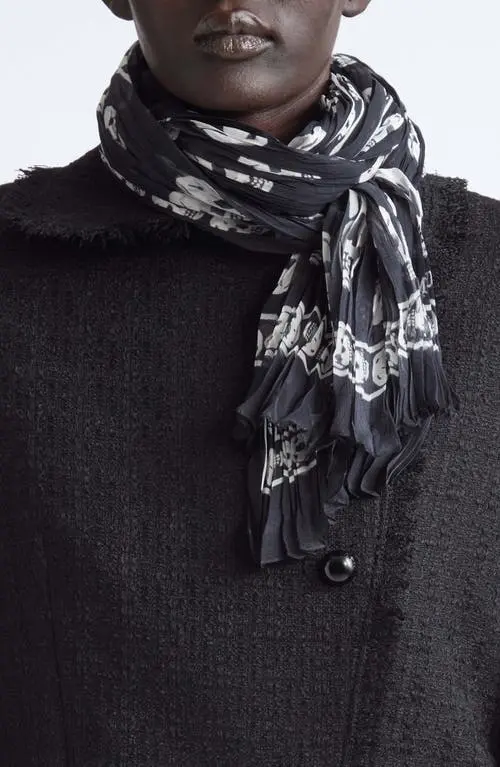 Alexander McQueen Skull Print Pleated Silk Scarf - Black/ivory