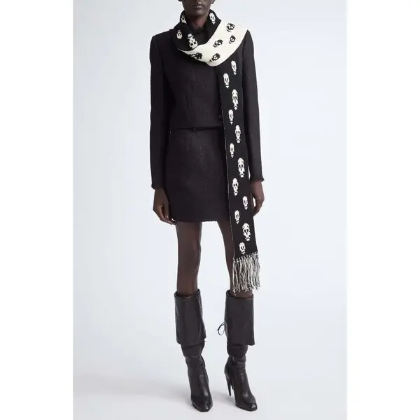 Alexander McQueen Skull Jacquard Fringe Scarf - Black/ivory