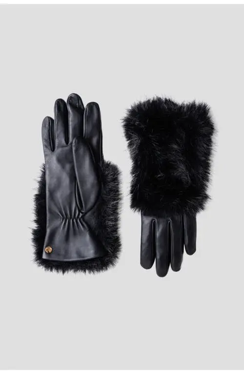Natori Leather With Faux Fur Leather Gloves With Faux Fur Trim - Black