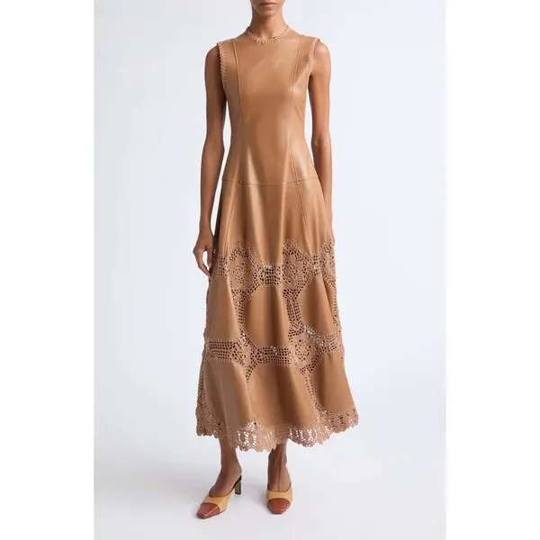Ulla Johnson Ilana Crochet Leather Dress - Camel
