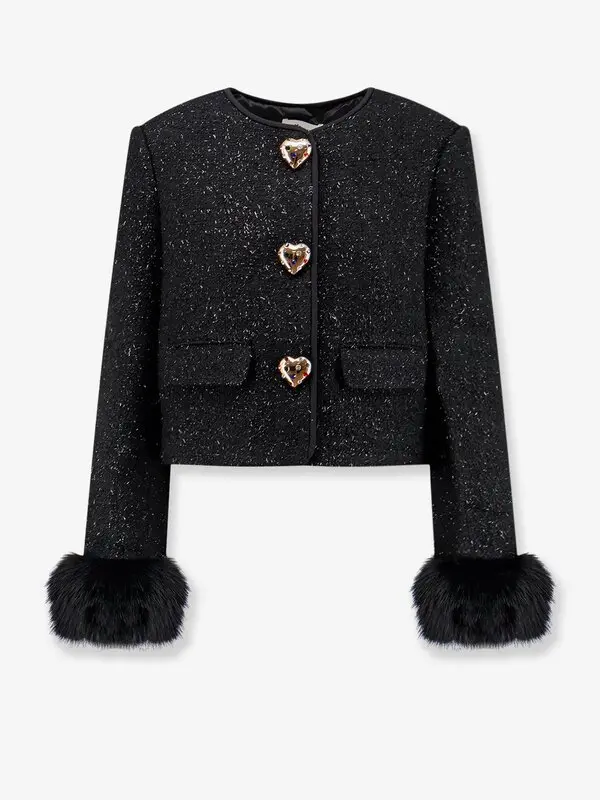 SELF-PORTRAIT Cropped Wool Blend Blazer With Allover Laminated Details