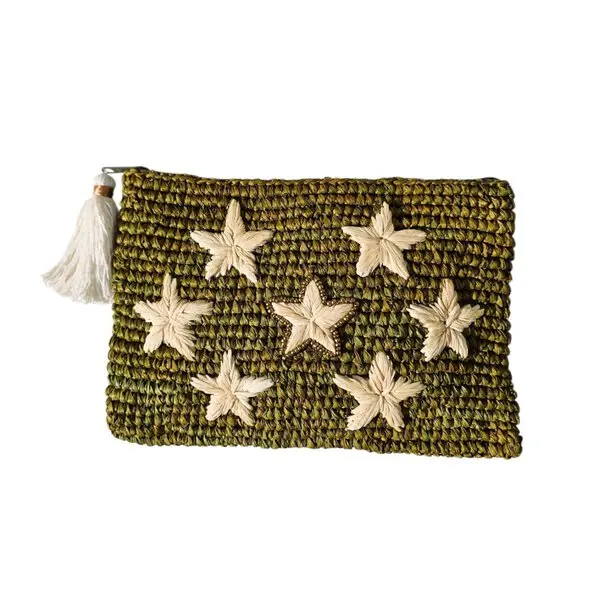 OHSUN Gold Starr Raffia Clutch Olive
