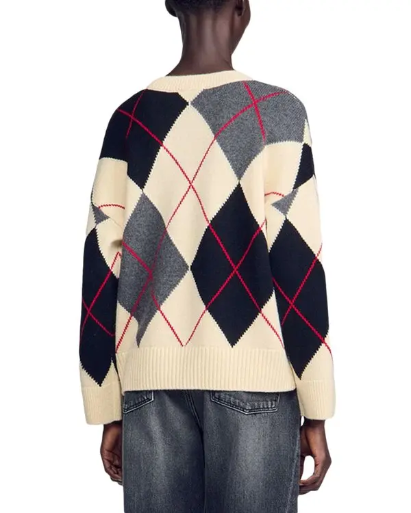 Sandro Gracie Wool & Cashmere Button Sleeve Argyle Sweater - Ecru / Black
