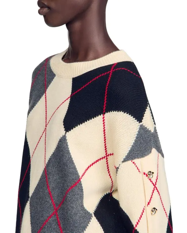 Sandro Gracie Wool & Cashmere Button Sleeve Argyle Sweater - Ecru / Black