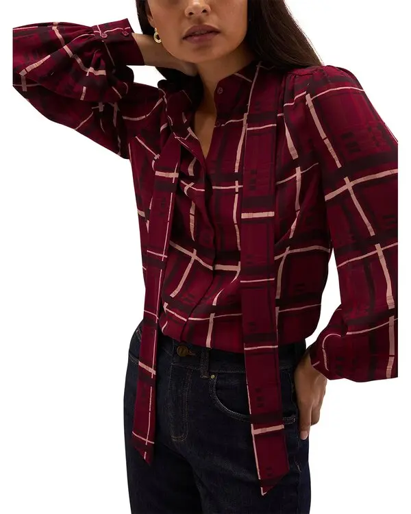 HOBBS LONDON Aisha Plaid Tie Neck Blouse