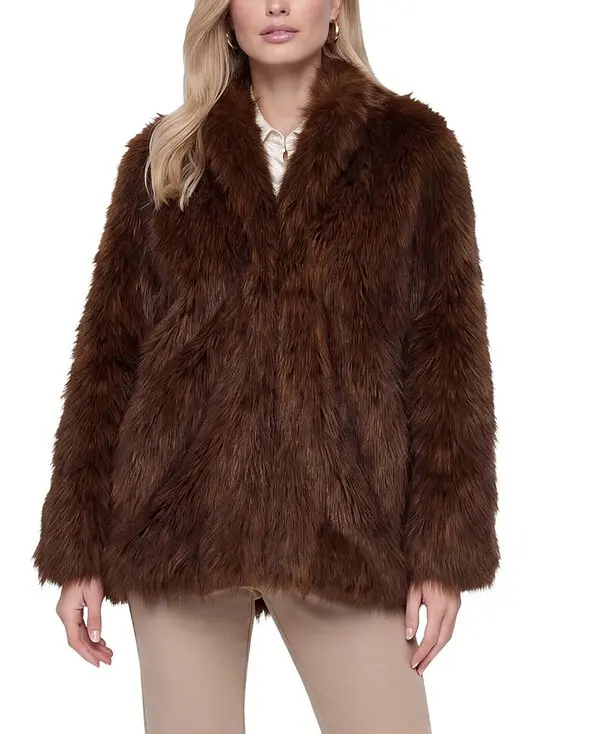 LYLA GRANT Faux Fur Fox Jacket, Tuxedo Collar - Brown Multi