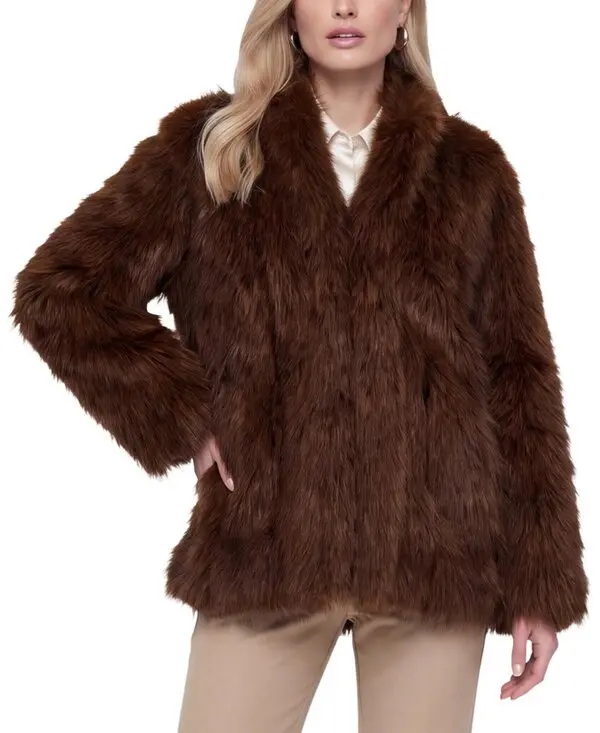 LYLA GRANT Faux Fur Fox Jacket, Tuxedo Collar - Brown Multi