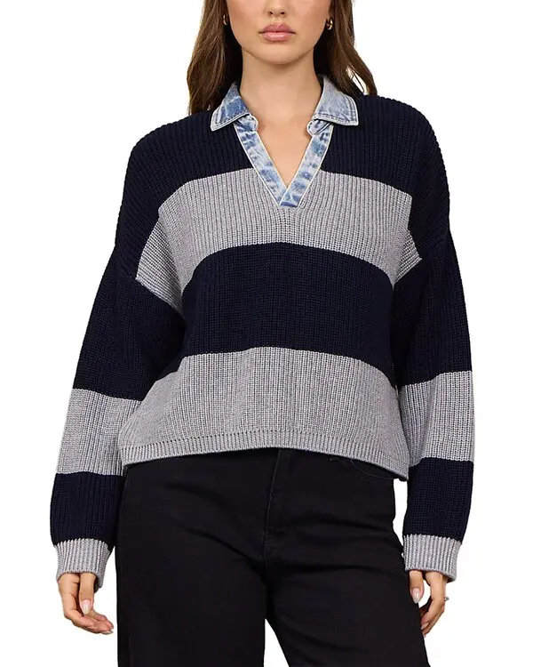 Vintage Havana Denim Collar Striped Sweater - Grey