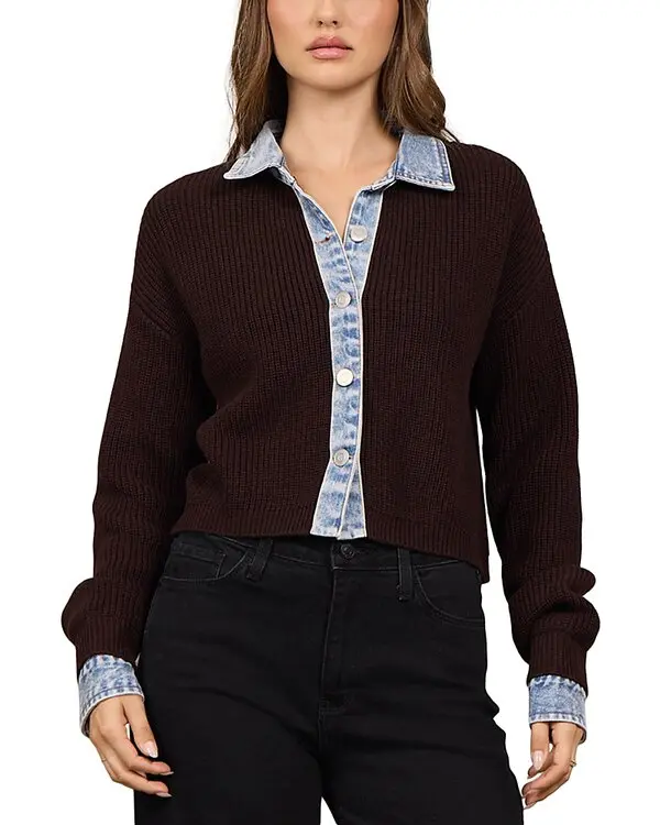 Vintage Havana Denim Trim Layered Look Cardigan - Chocolate