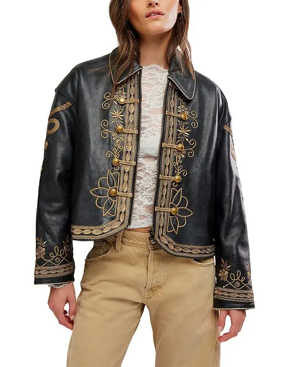 Free People Lana Leather Embroidered Jacket - Black