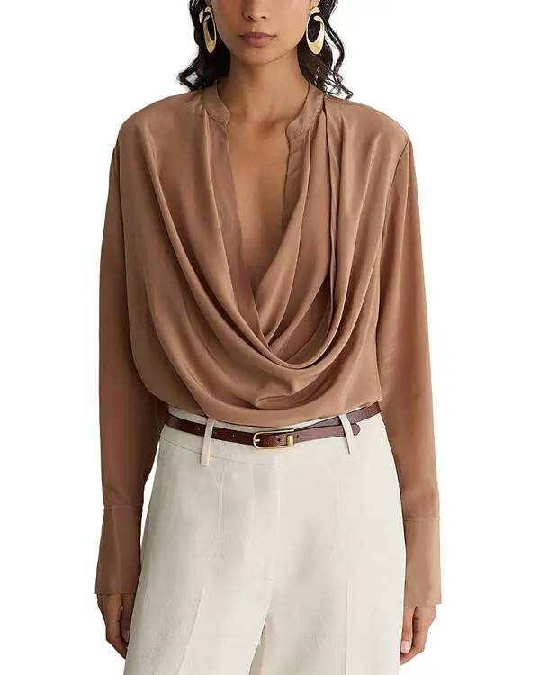 REISS Lauren Matte Silk Draped Top - Camel