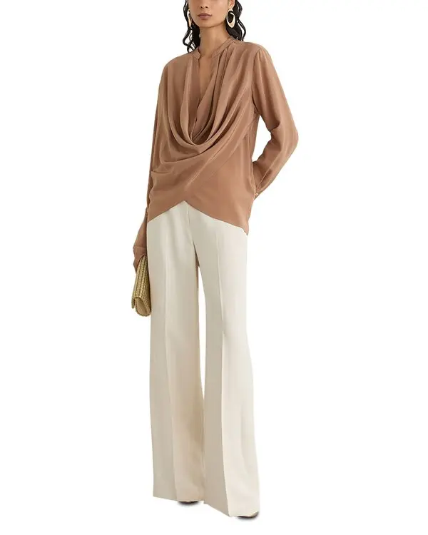 REISS Lauren Matte Silk Draped Top - Camel