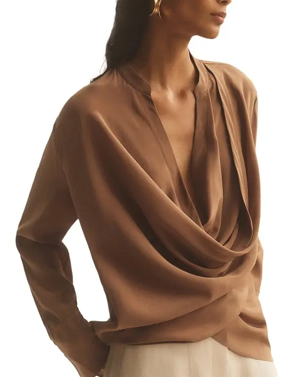 REISS Lauren Matte Silk Draped Top - Camel