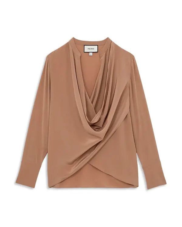 REISS Lauren Matte Silk Draped Top - Camel