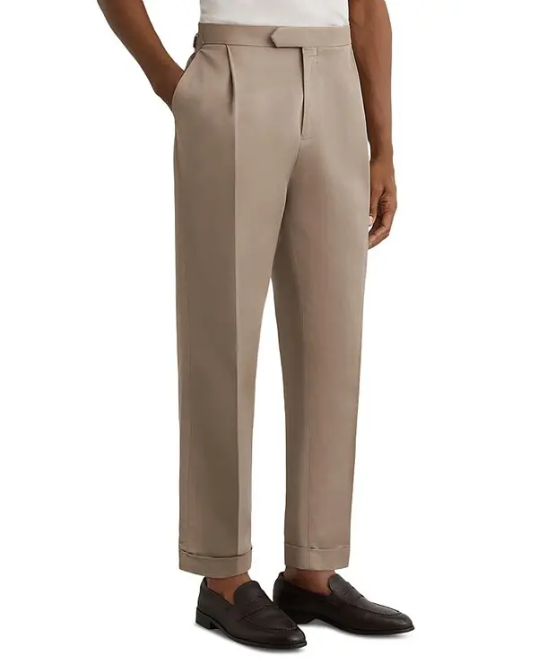 REISS Cotton & Linen Tapered Fit Buckle Adjuster Trousers - Taupe Grey