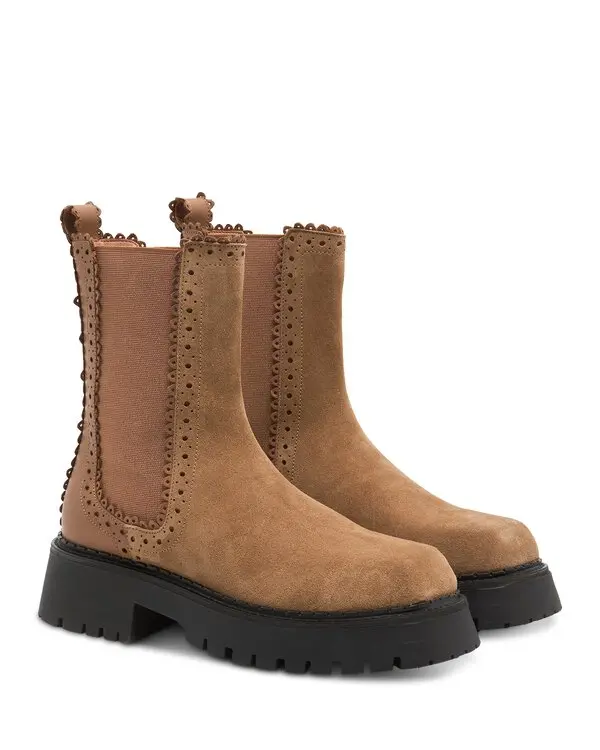 Free People Tried And True Brogue Scalloped Chelsea Boots - Camel Suede