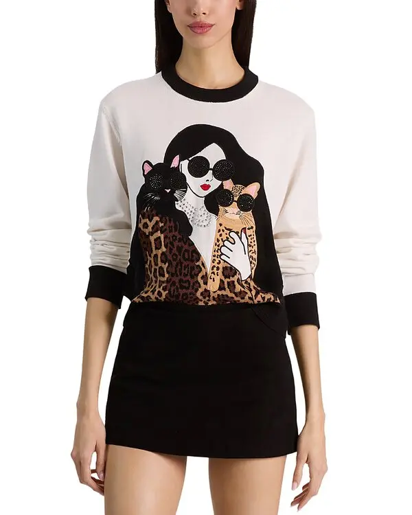 Alice + Olivia Gleeson Staceface Wool Blend Crewneck Sweater - Soft White Multi