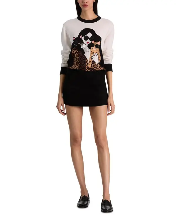 Alice + Olivia Gleeson Staceface Wool Blend Crewneck Sweater - Soft White Multi