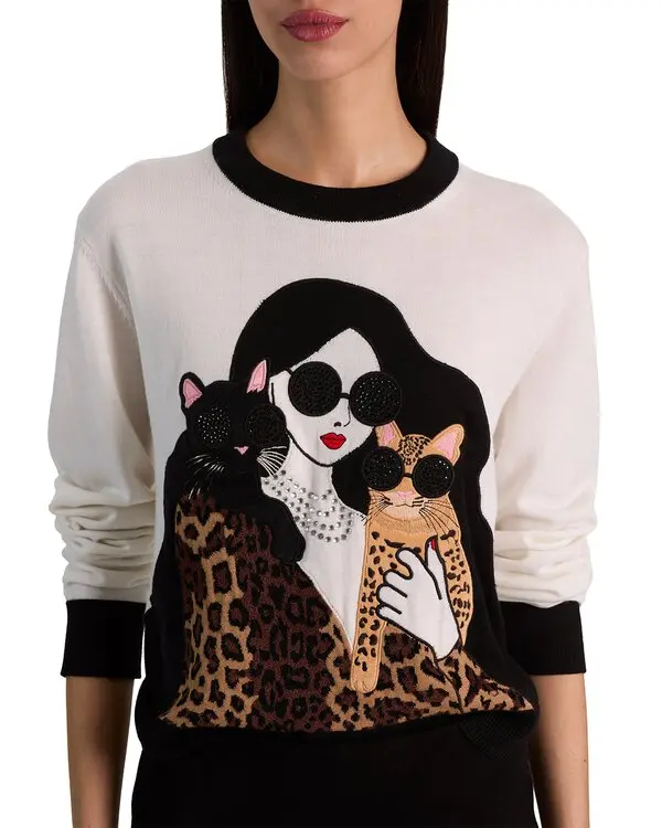 Alice + Olivia Gleeson Staceface Wool Blend Crewneck Sweater - Soft White Multi