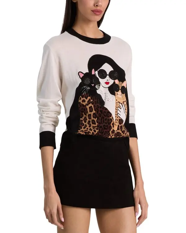 Alice + Olivia Gleeson Staceface Wool Blend Crewneck Sweater - Soft White Multi