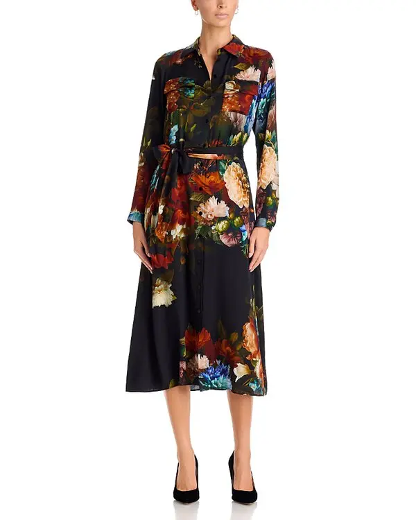 Elie Tahari The Kataleya Silk Blend Belted Shirt Dress - Mystical Forest