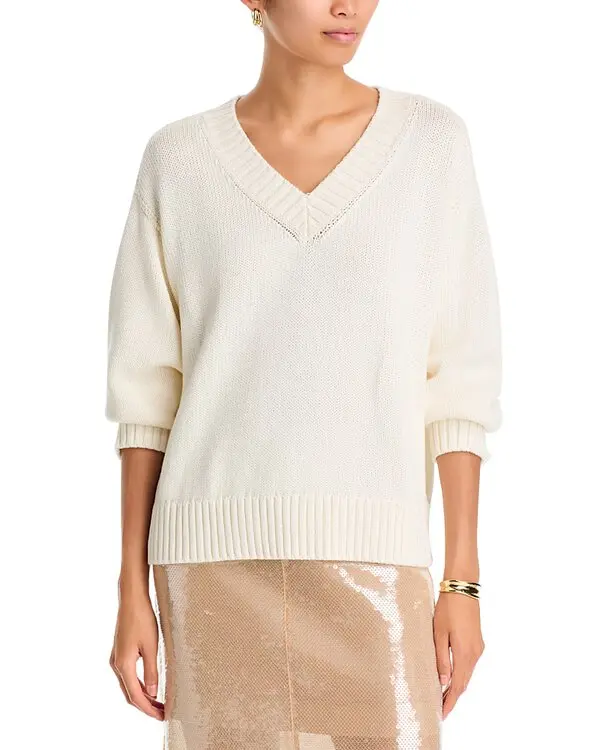 L'Agence Paxton Cotton V-neck Sweater - Ivory
