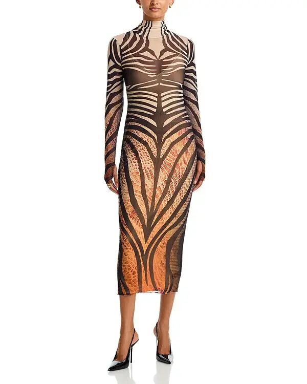 AFRM Shailene Printed Mesh Midi Dress Dress - Snake Stripe