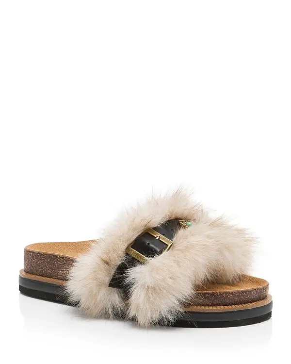 Free People Frankie Faux Fur Slide Sandals - Oatmeal