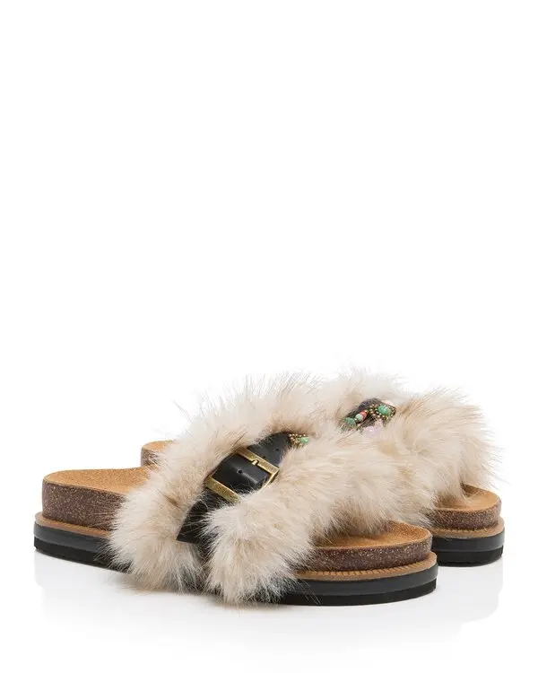 Free People Frankie Faux Fur Slide Sandals - Oatmeal