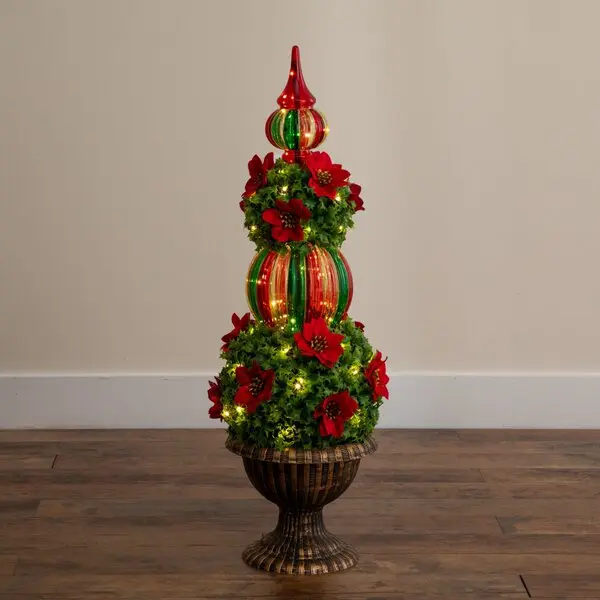 NEARLY NATURAL 3' Pre Lit Artificial Christmas Ornament Holly Berry Topiary Tree