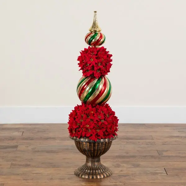 NEARLY NATURAL 3' Pre Lit Artificial Christmas Poinsettia Topiary Tree
